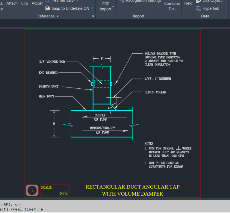 Rectangular Duct Angular Tap with Volume Damper Detail - CADBright