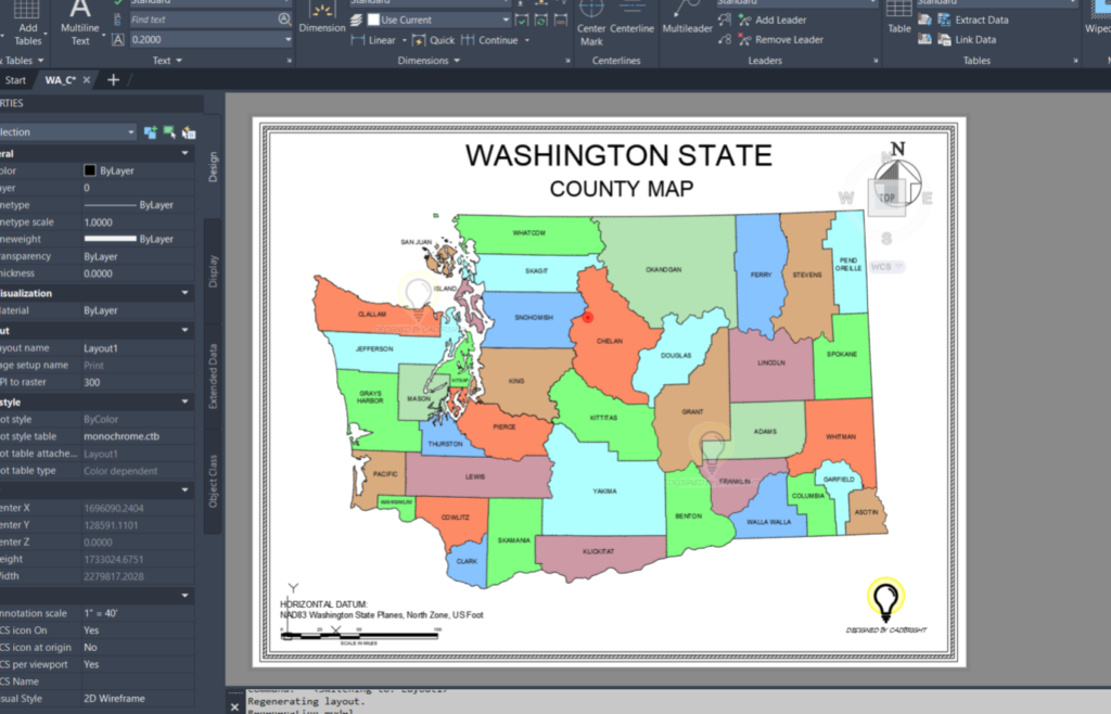 Washington State Color Map in AutoCAD Format - CADBright